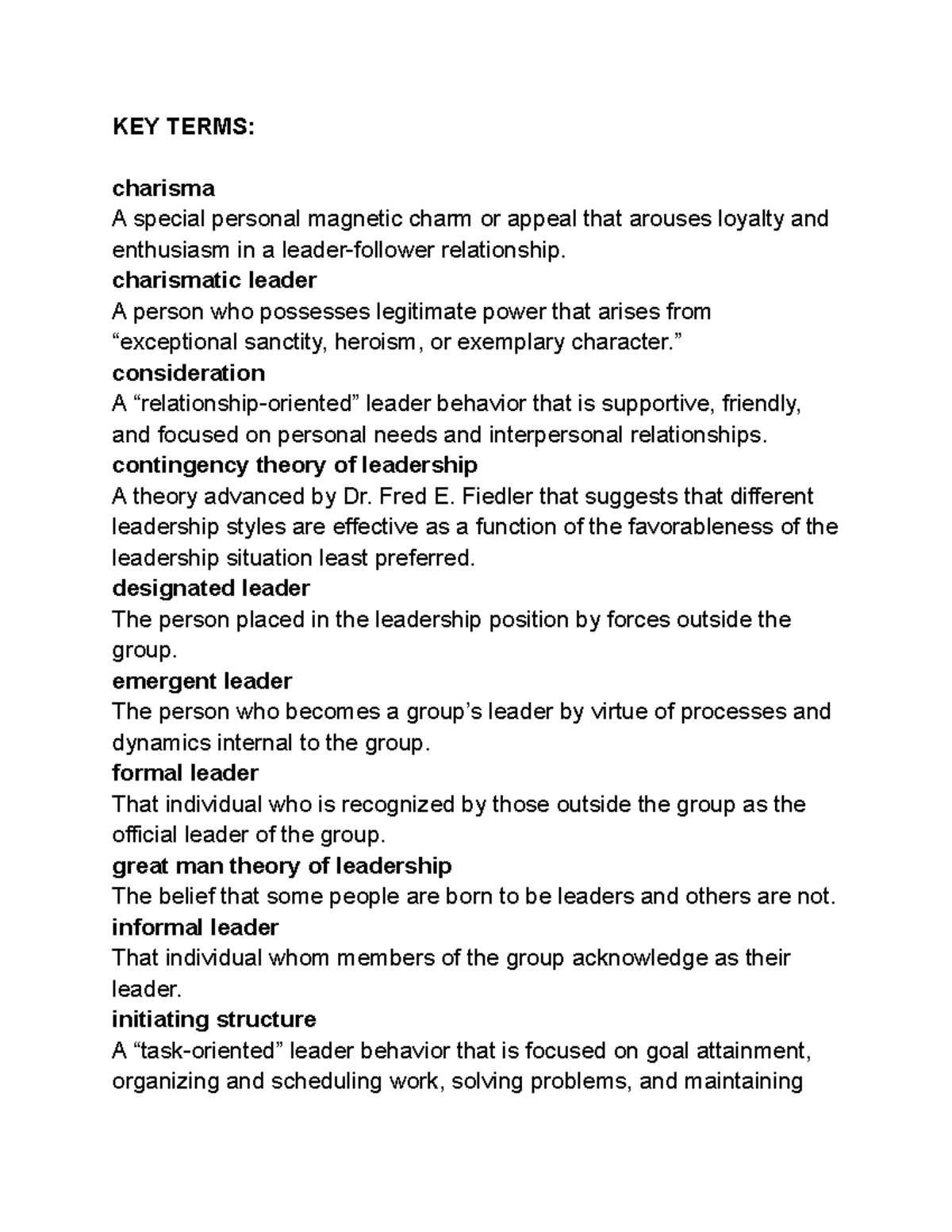 BUS201 Chpt 13 - Key Terms - KEY TERMS: charisma A special personal ...