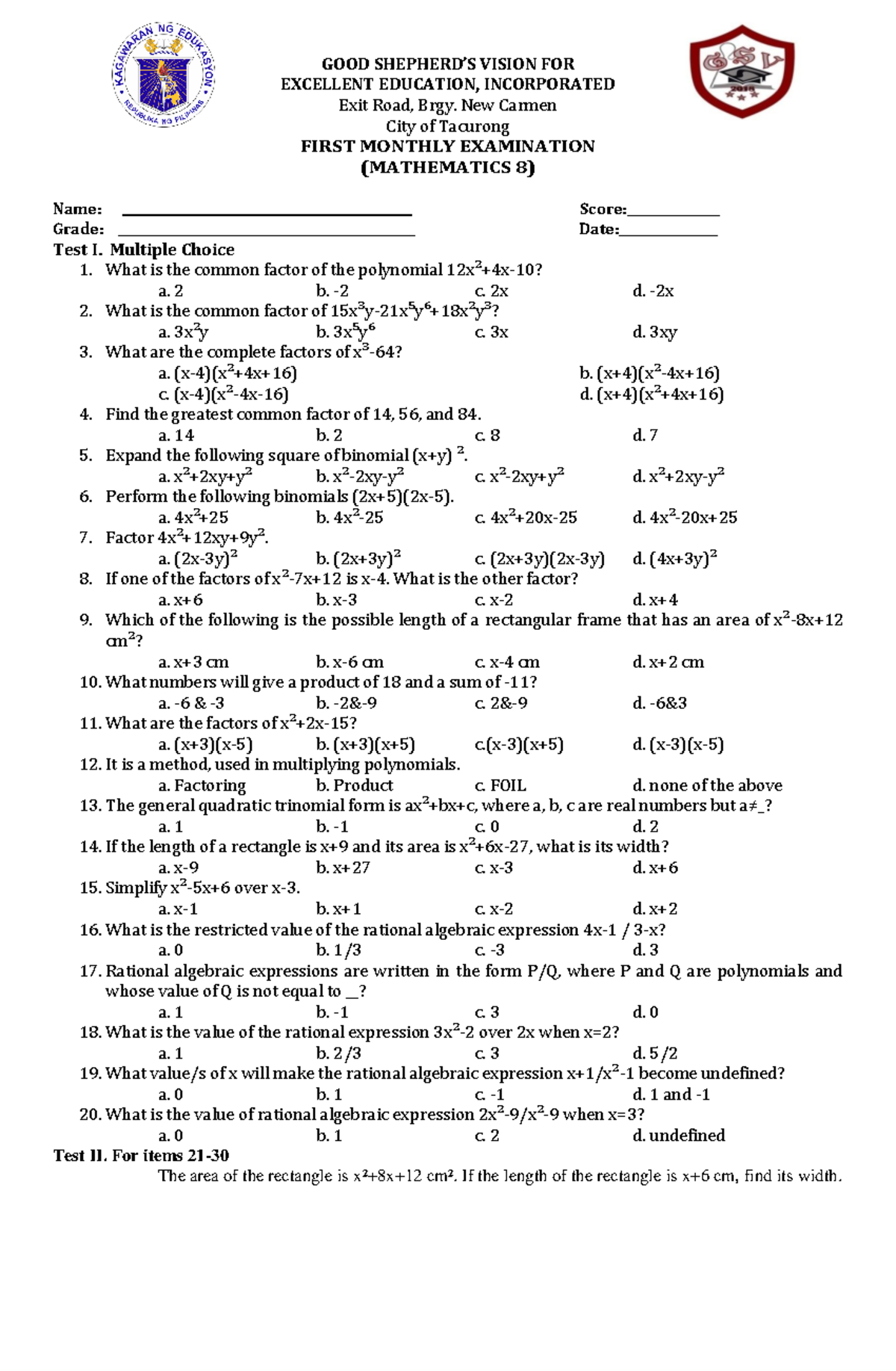 8-Math-1 - exam - GOOD SHEPHERD’S VISION FOR EXCELLENT EDUCATION, INCORPORATED Exit Road, Brgy ...