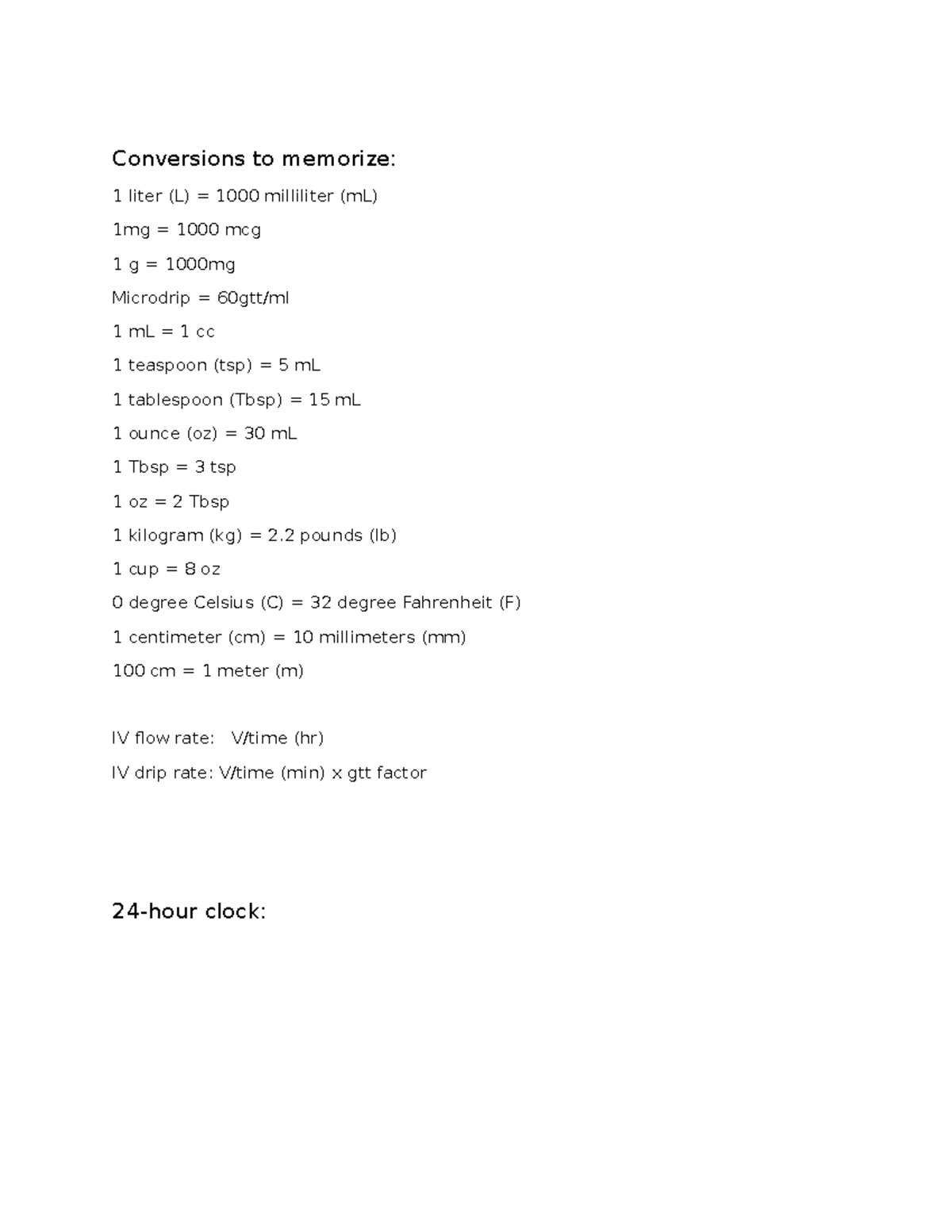 Conversions, 24 hr clock, and abbreviations - Conversions to memorize ...