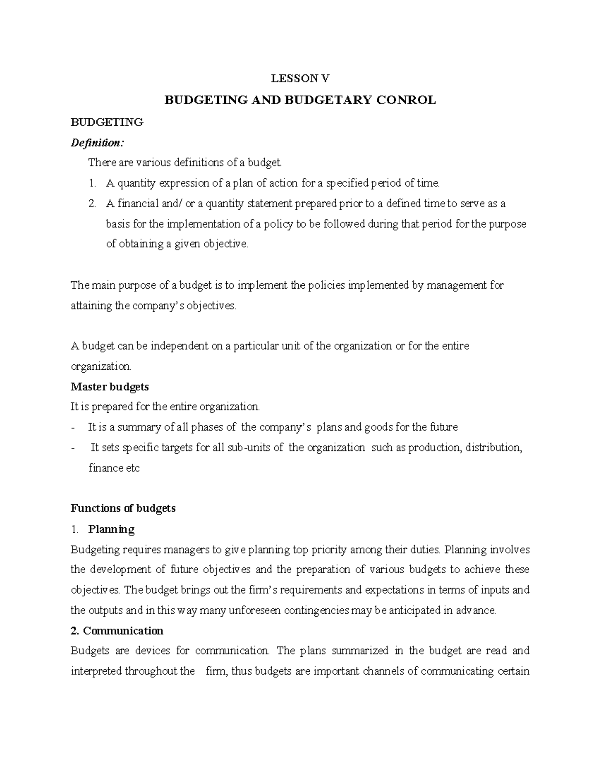 Management accounting - LESSON V BUDGETING AND BUDGETARY CONROL ...