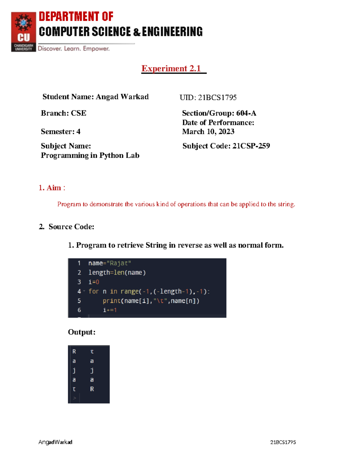 Python 2.1 Angad Warkad - COMPUTER SCIENCE & ENGINEERING Branch: CSE Section/Group: 604-A - Studocu