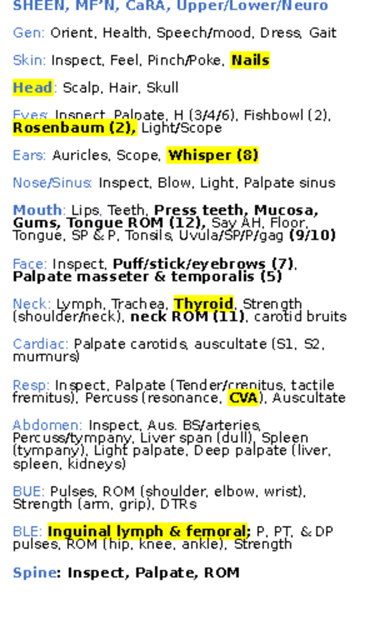 OSCE Card for Health Assessment - SHEEN, MF’N, CaRA, Upper/Lower/Neuro ...
