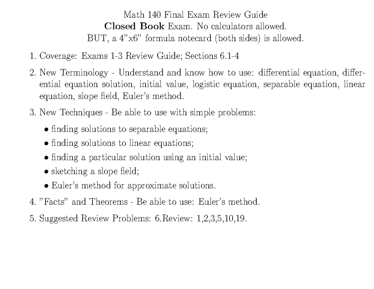 Final review material guide - Math 140 Final Exam Review Guide Closed ...