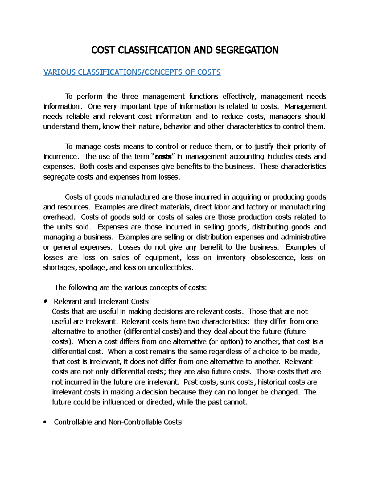 Notes 2 - reviewer - COST CLASSIFICATION AND SEGREGATION VARIOUS ...