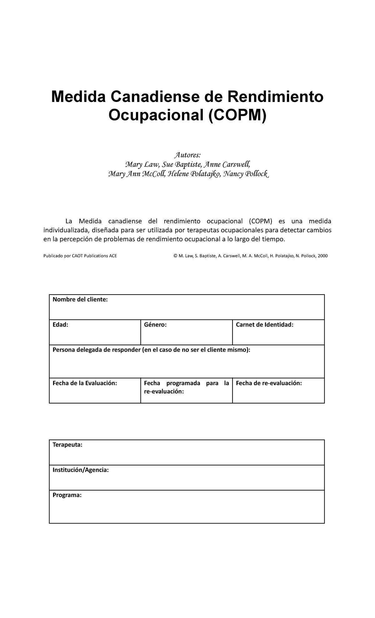 Pauta Medida Canadiense de Rendimiento Ocupacional sheet - Medida ...