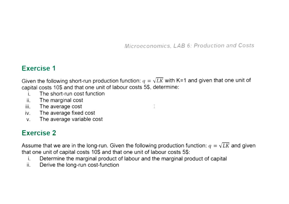 Microeconomics Lab 6 Production and Cost - Studocu