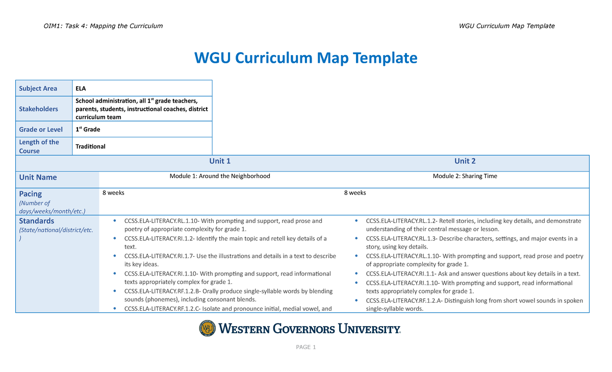 OIM1 Task 4- Mapping the Curriculum - WGU Curriculum Map Template ...