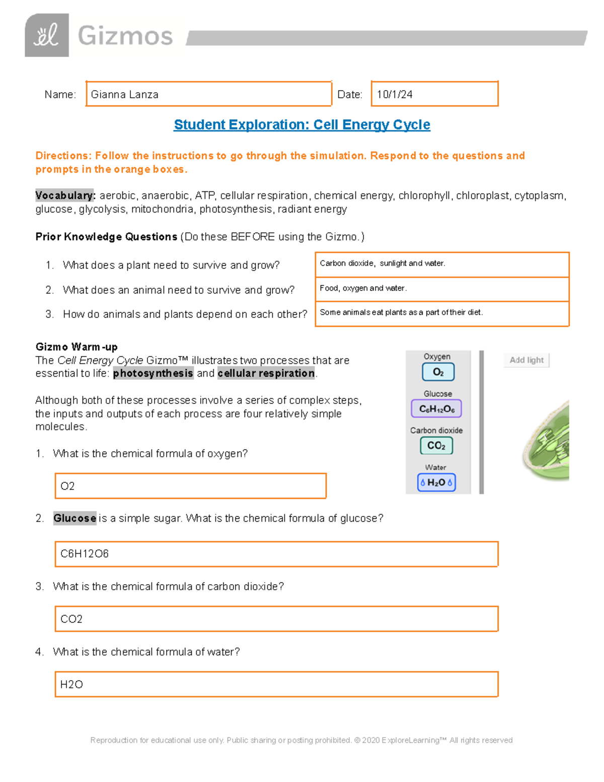 Copy of Cell Energy SE - lab - Name: Gianna Lanza Date: 10/1/ Student ...