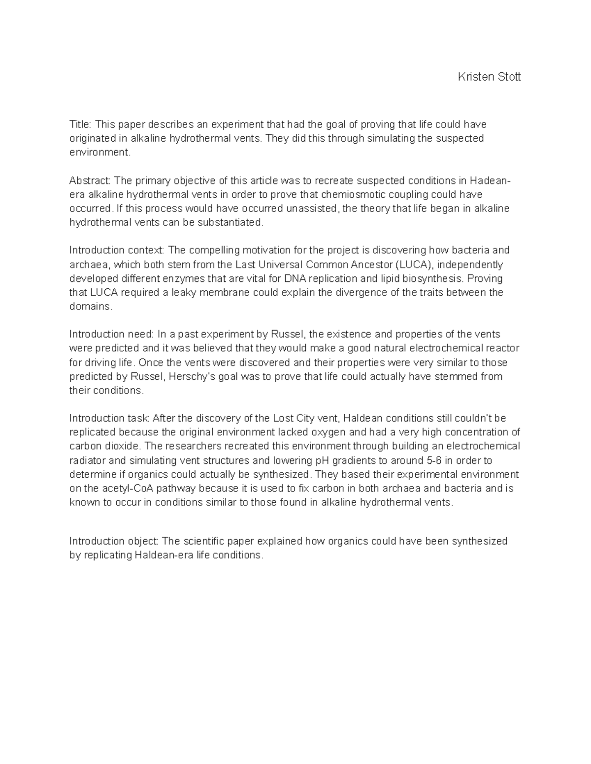 Paper analysis assignment-2 - Kristen Stott Title: This paper describes ...