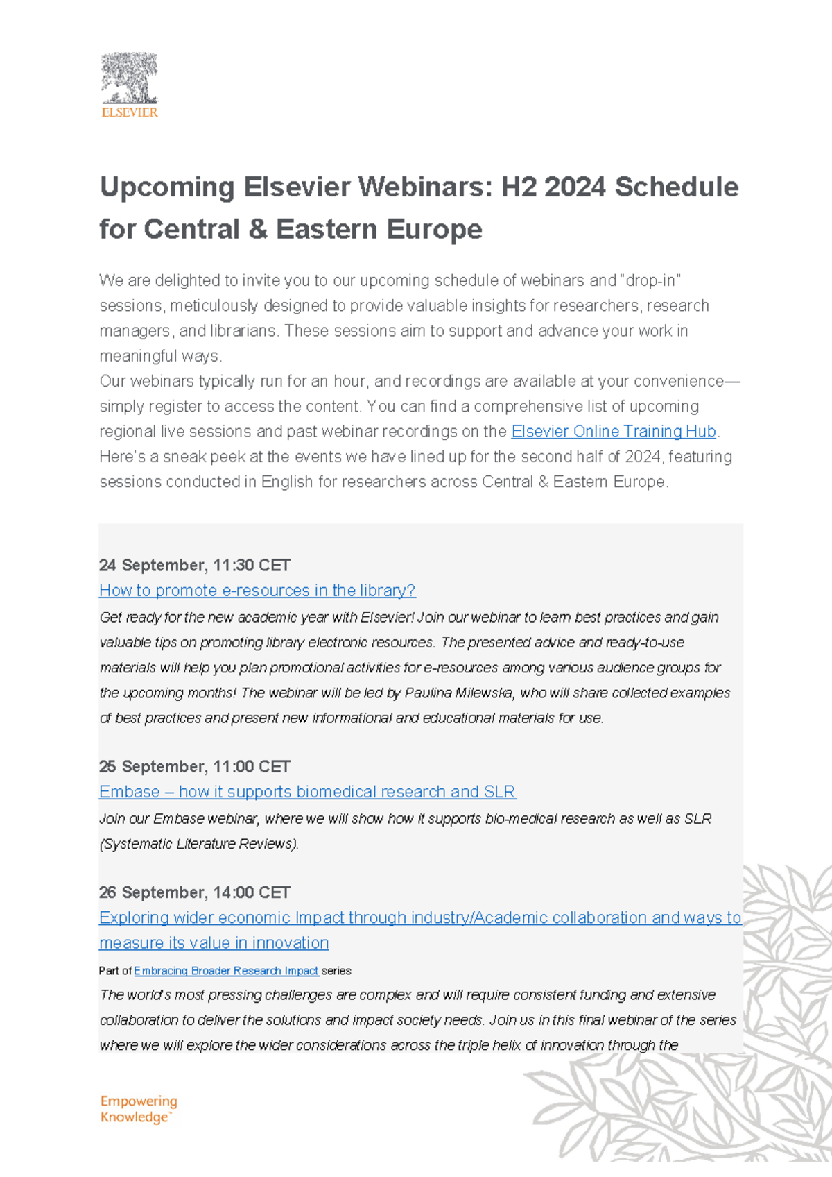 Elsevier Webinars H2 2024 CEE - These sessions aim to support and ...