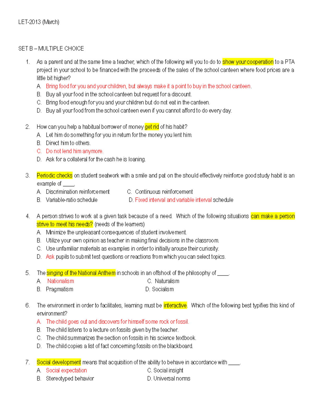 LET2013-March-1 - LET2013 - LET-2013 (March) SET B – MULTIPLE CHOICE As ...