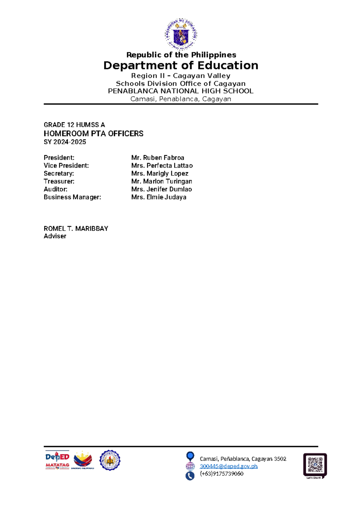Homeroom PTA Officers - Reference - Camasi, Peñablanca, Cagayan 3502 300445@deped.gov Department ...