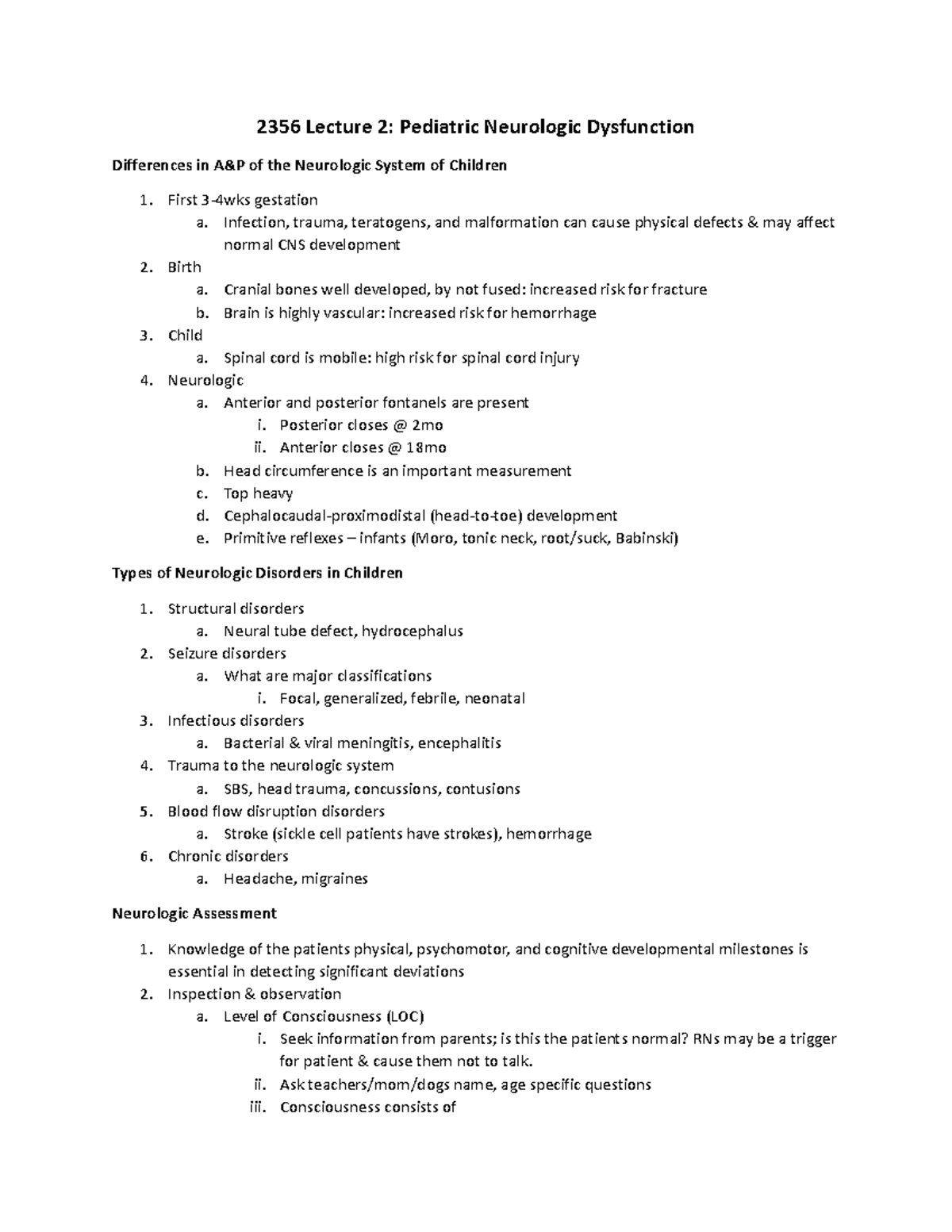2356 Lecture 2 neurologic dysfunction - 2356 Lecture 2: Pediatric ...