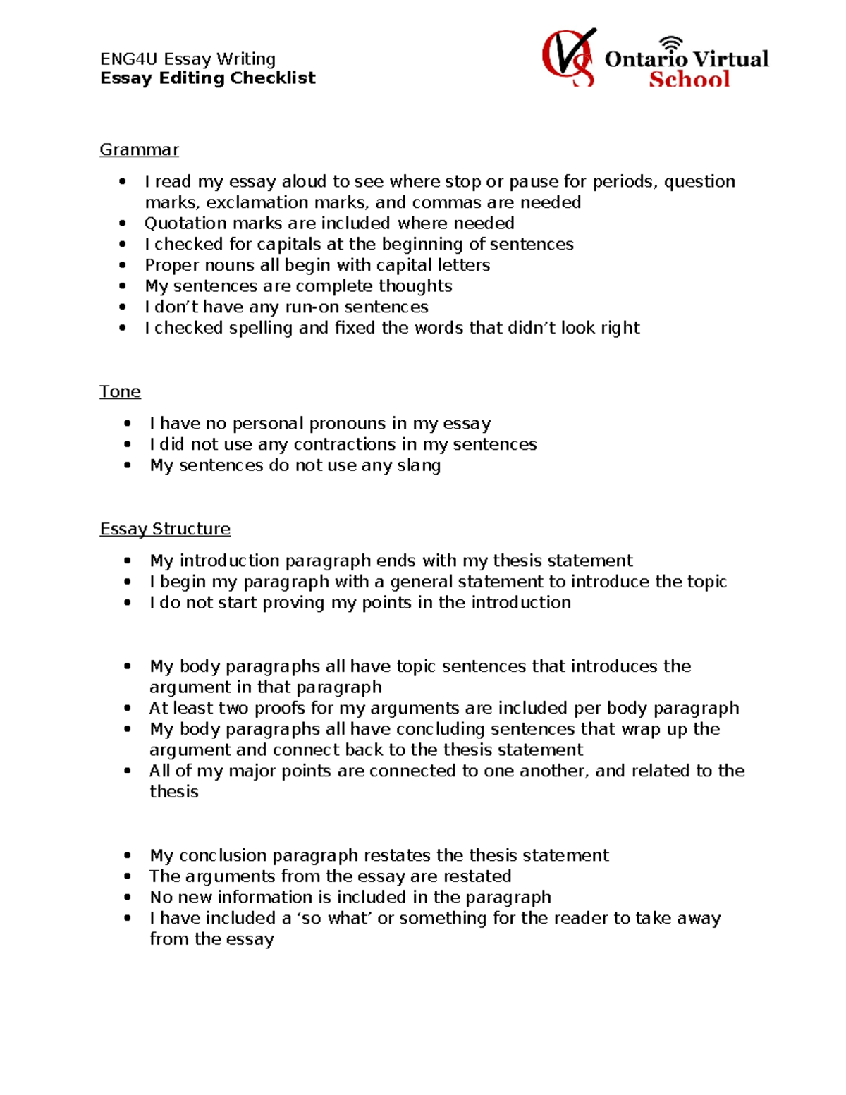 Essay Edit Checklist - ENG4U Essay Writing Essay Editing Checklist ...