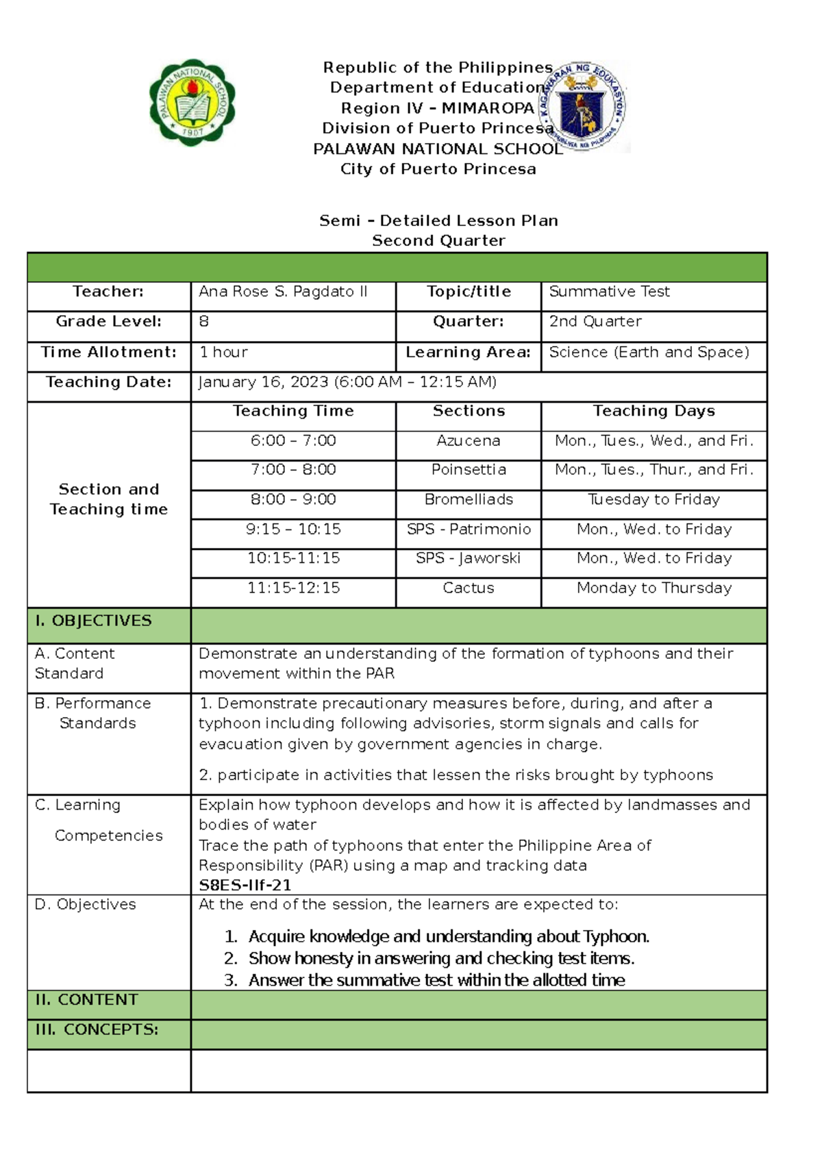 Lesson Plan in Science 8 (Q2 - W7 Summative in About Typhoon ...