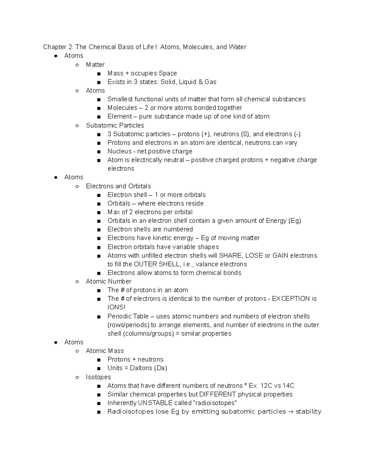 BIO 111 Chapter 2 The Chemical Basis of Life I Atoms, Molecules, and ...
