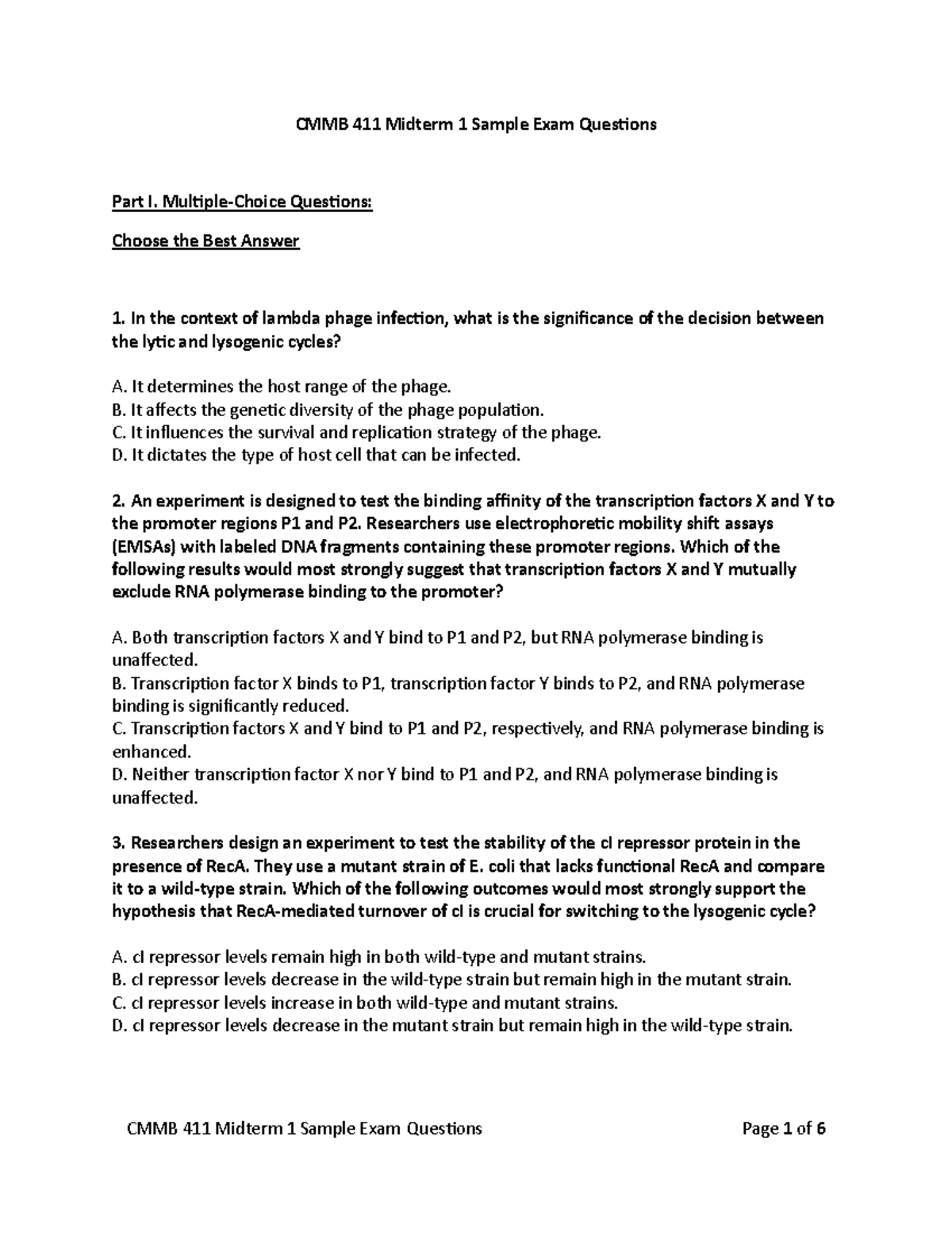 CMMB 411 Midterm 1 Sample Exam - CMMB 411 Midterm 1 Sample Exam Questions Part I. Multiple ...