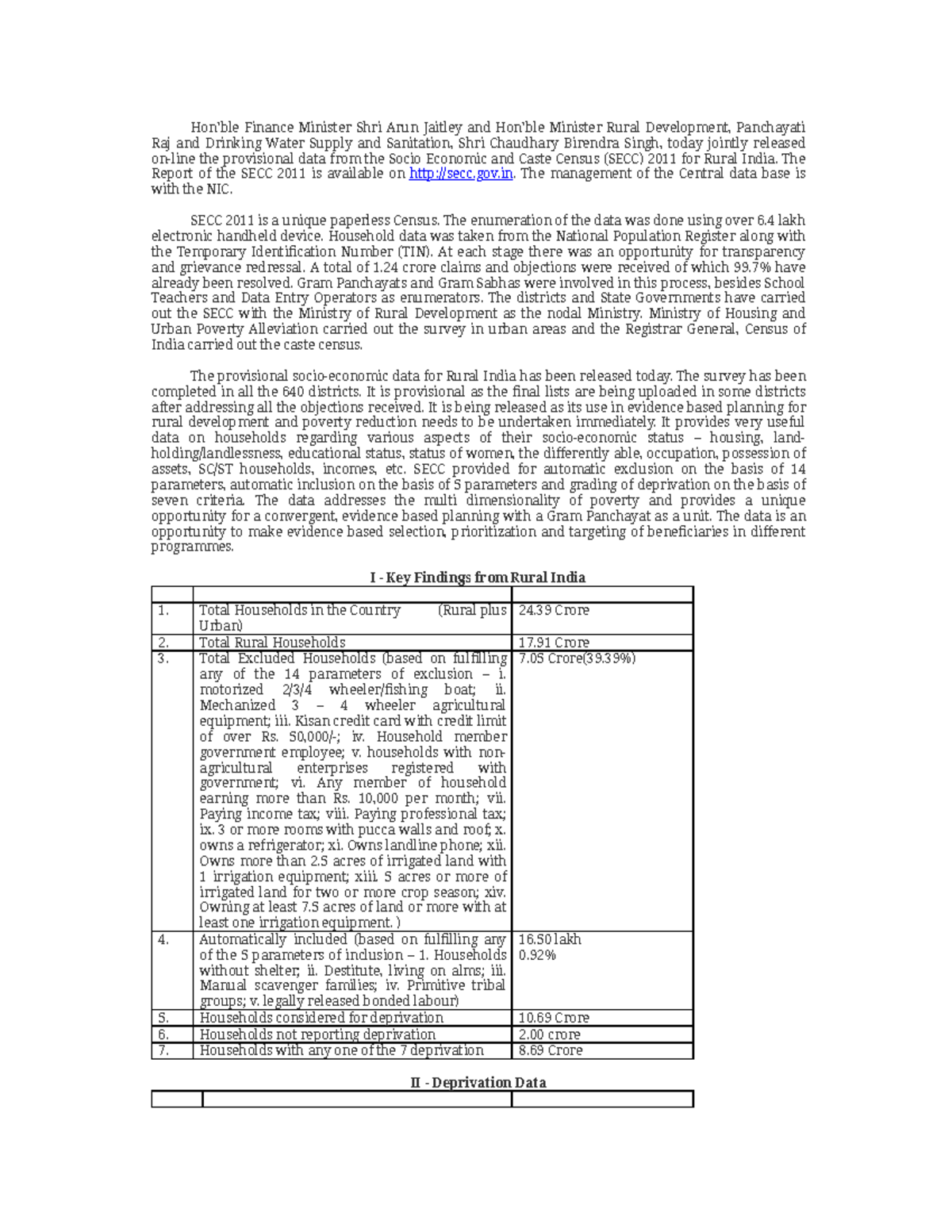 Provisional Data of Socio Economic and Caste Census (SECC) 2011 for Rural India Released - Hon ...