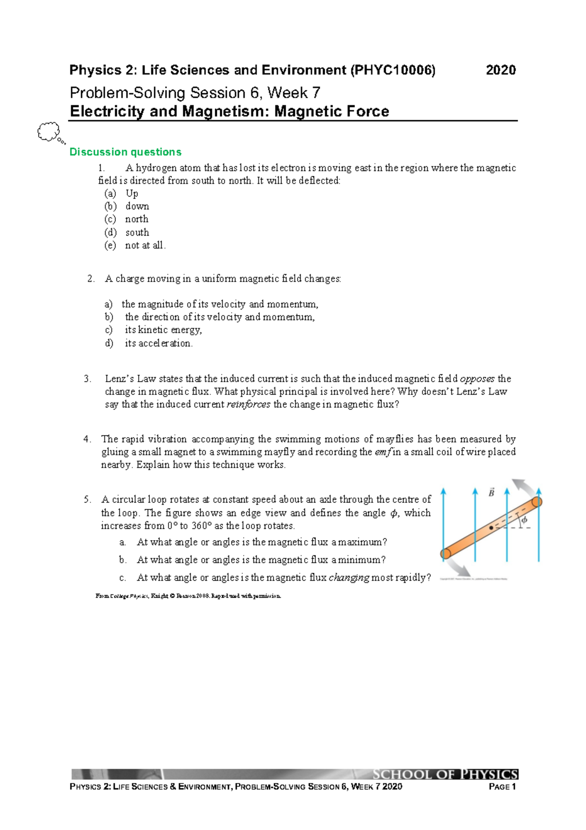 PHYC10006 PSC 6 week 7 2020 (magnetic force) - PHYSICS 2: LIFE SCIENCES & ENVIRONMENT, - Studocu
