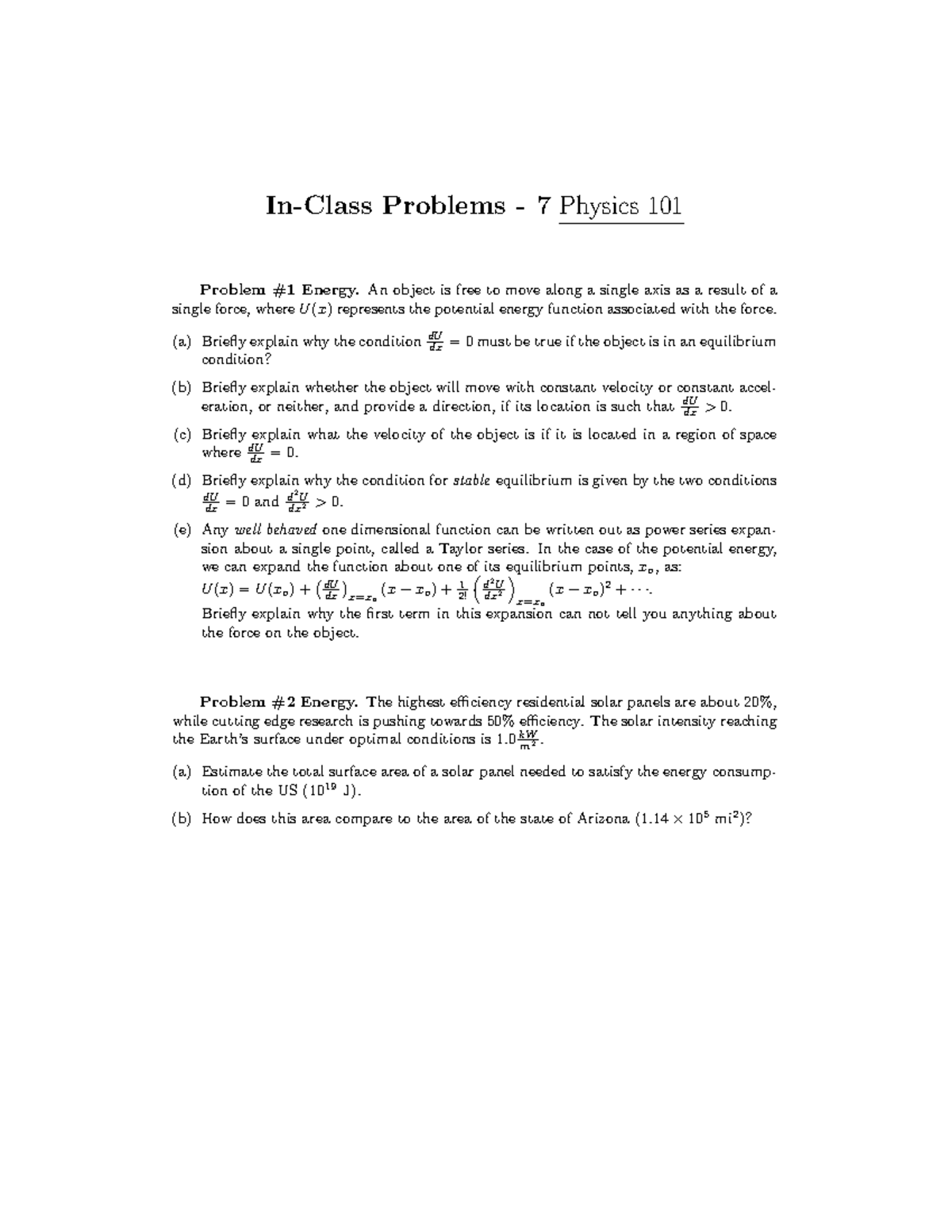 In-Class Problems 07 - Problems 7 Physics 101 Problem Energy. An object ...