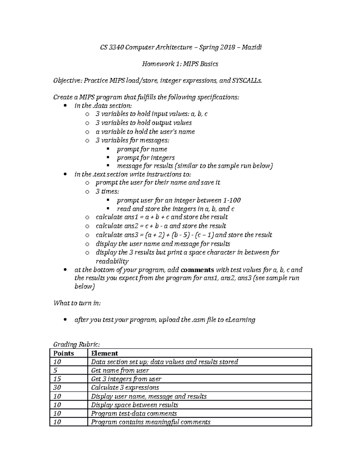 HW 1 (CS 3340 Comp Arch) - CS 3340 Computer Architecture – Spring 2018 – Mazidi Homework 1: MIPS ...
