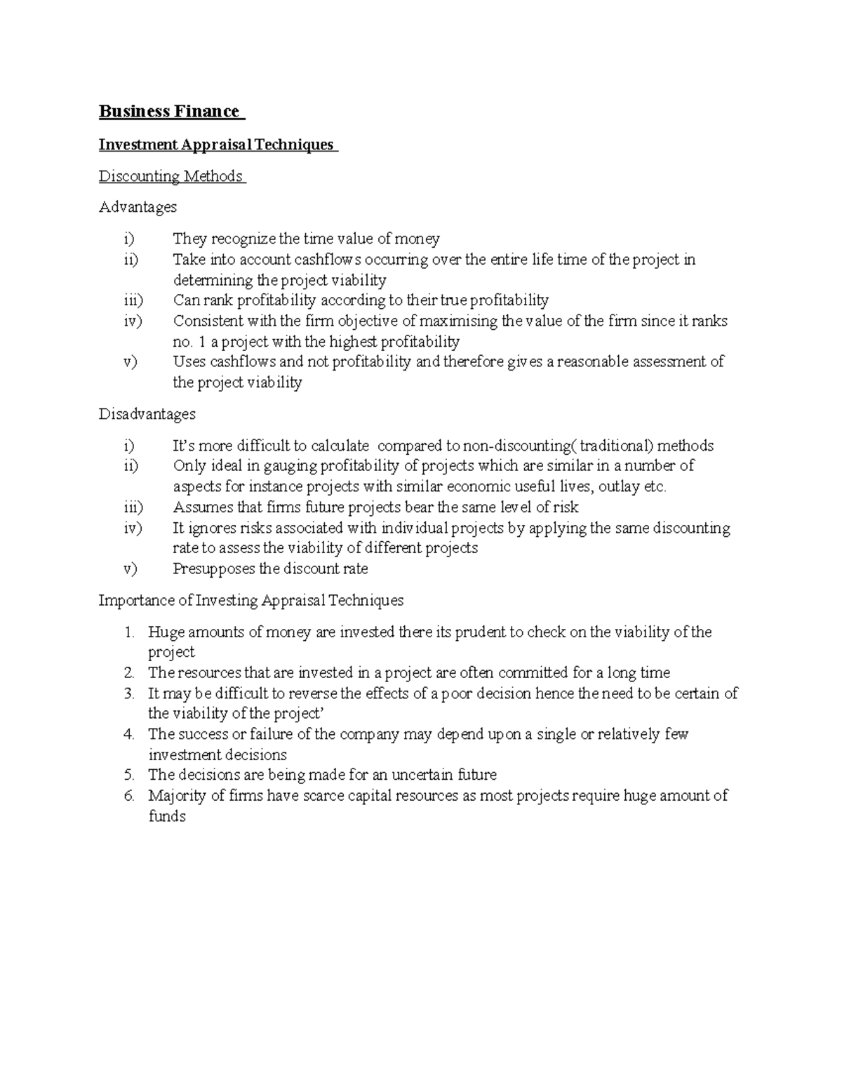Business Finance Investment Appraisal Techniques and Ratio Analysis ...
