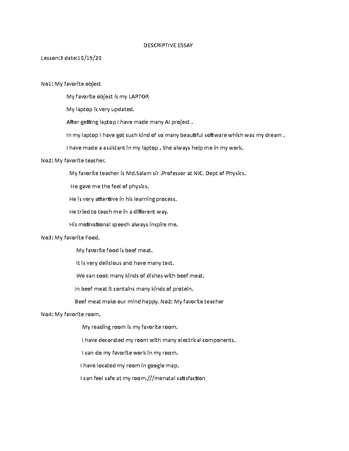 Descriptive Essay - Grade: 10 - DESCRIPTIVE ESSAY Lesson:3 date:10/19 ...