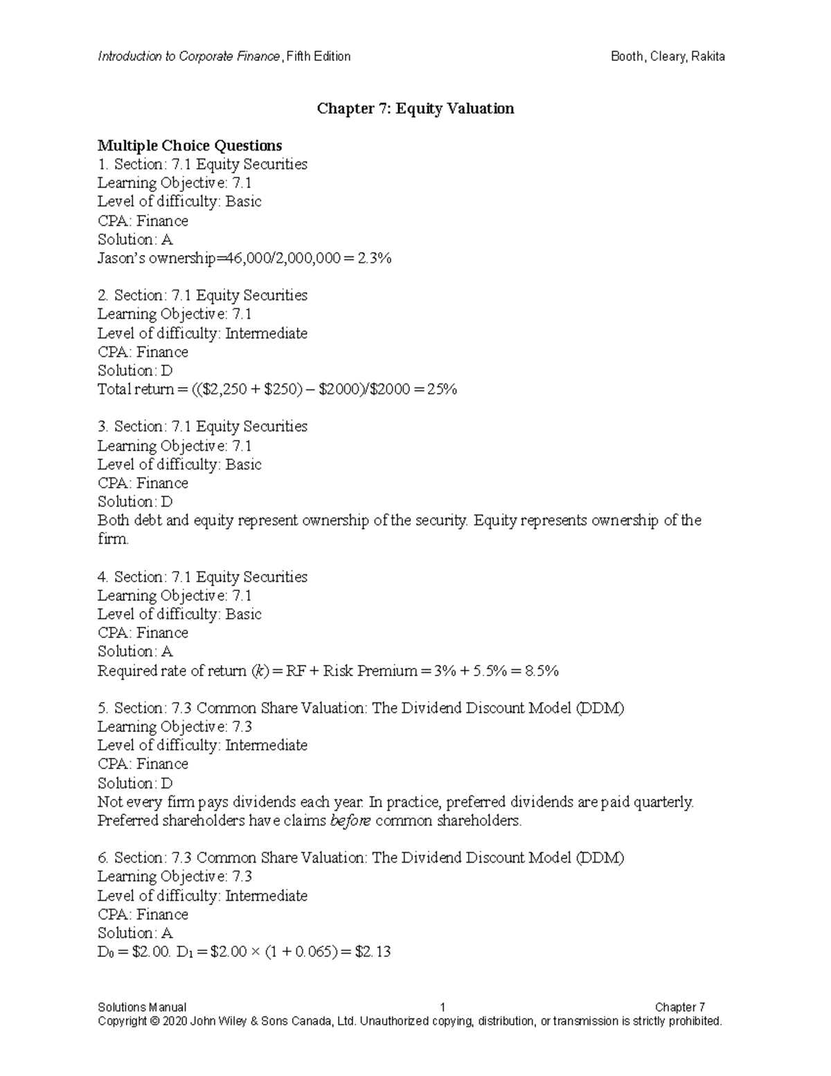 Booth 5e CH 7 SM - Chapter Question - Chapter 7: Equity Valuation ...