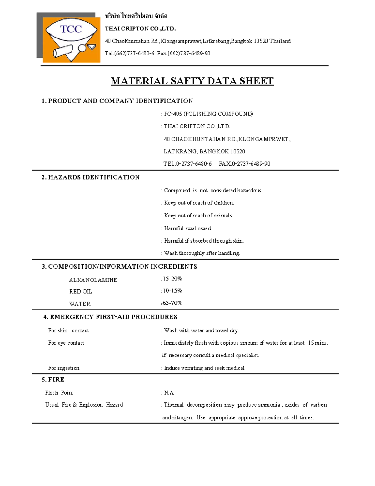 PC-405 MSDS - บริษัท ไทยคริปตอน จํากัด THAI CRIPTON CO.,LTD. 40 Chaokhuntahan - Studocu
