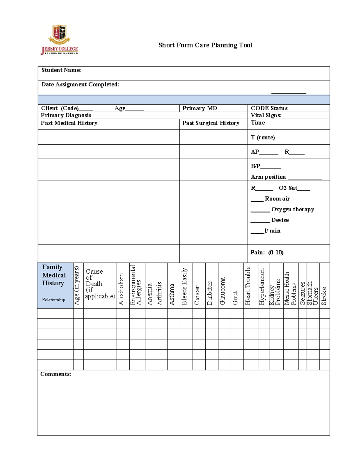 PN Short Care Plan Form updated 11162022 - Short Form Care Planning ...