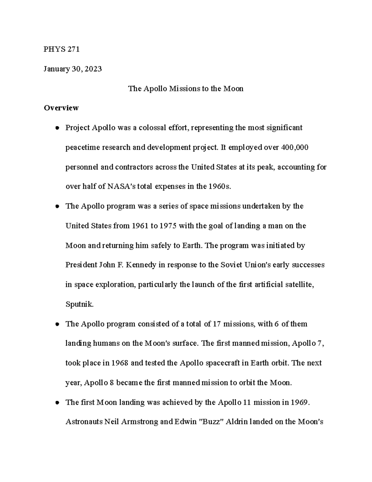 Astronomy - Apollo Missions - PHYS 271 January 30, 2023 The Apollo ...