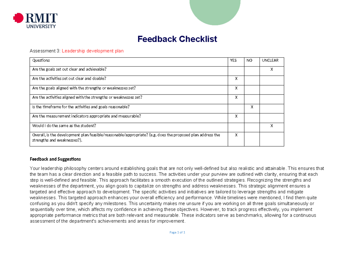 A3 Feedback Check List - Update - Feedback Checklist Assessment 3 ...