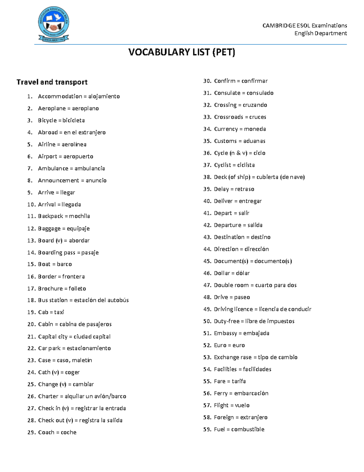 Vocabulario B1 Ingles - English Department VOCABULARY LIST (PET) Travel ...