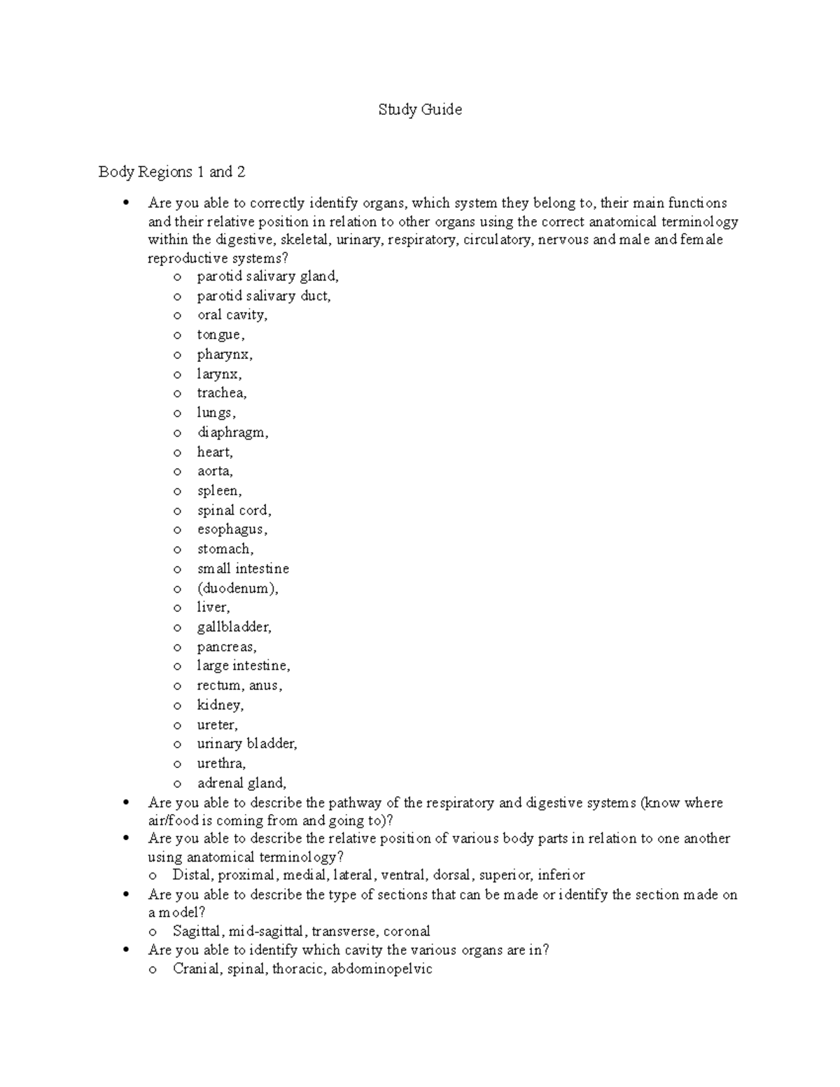 Study Guide histology brain body regions - Study Guide Body Regions 1 ...