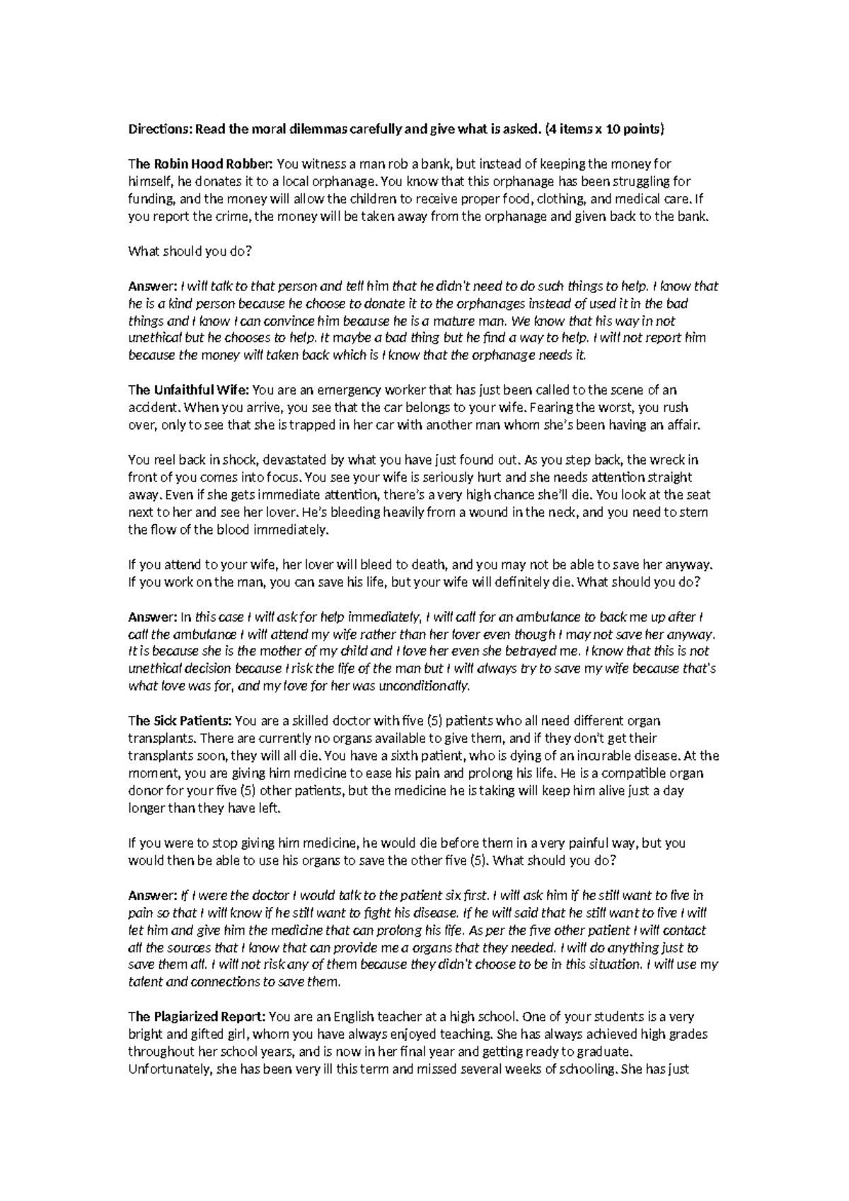 01 Activity 1 - Directions: Read the moral dilemmas carefully and give ...