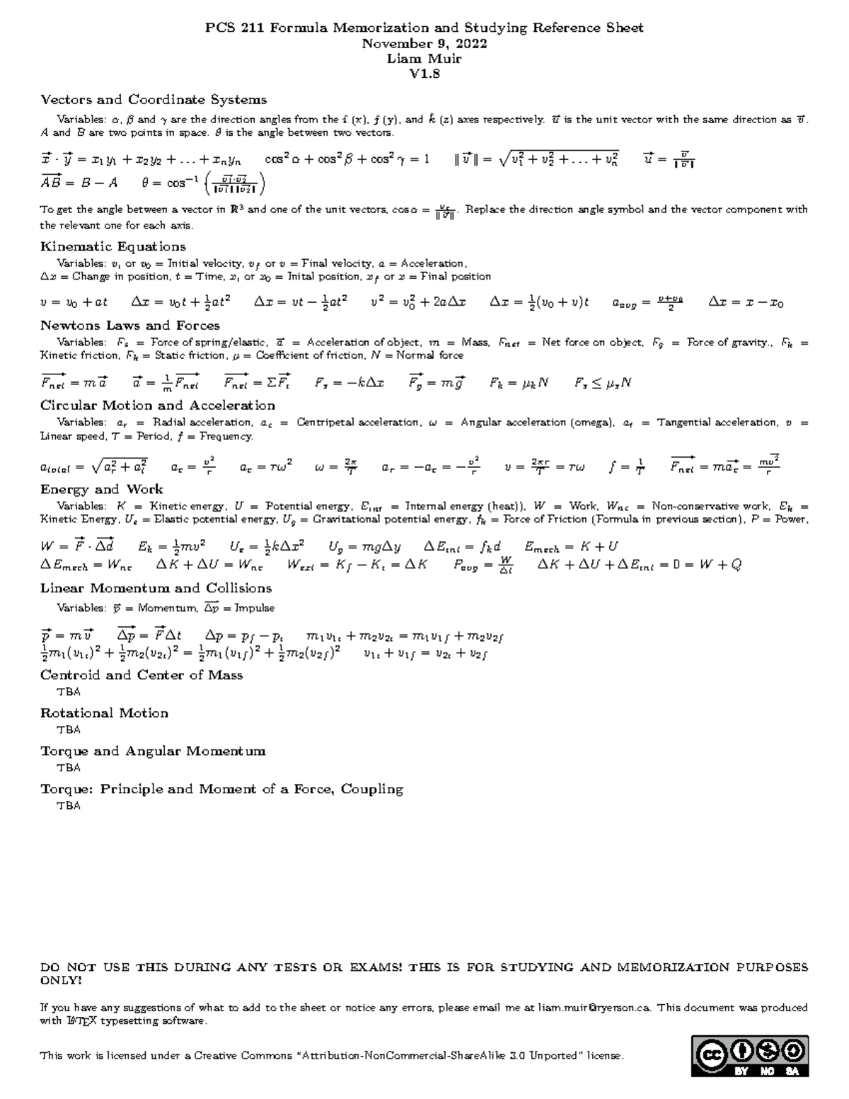 PCS211 Mechanics Formula Sheet - PCS 211 Formula Memorization and ...