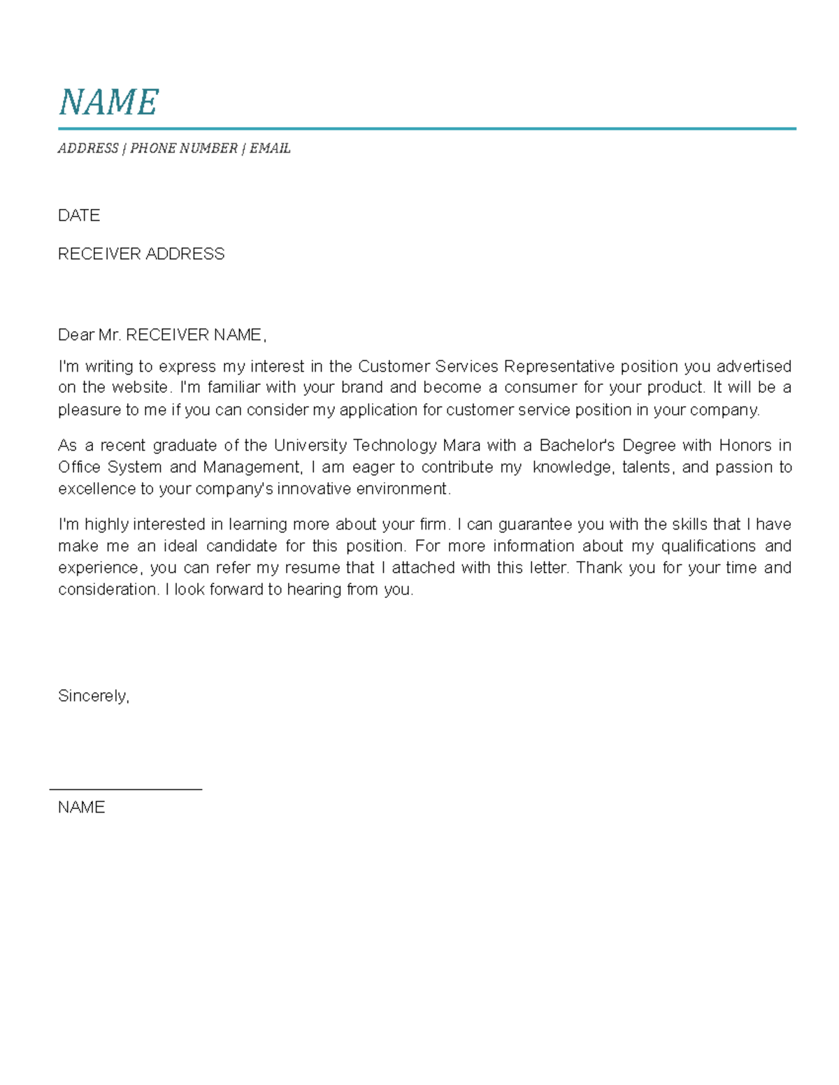 ASM452 Cover Letter ( Microsoft Words) - NAME ADDRESS | PHONE NUMBER ...