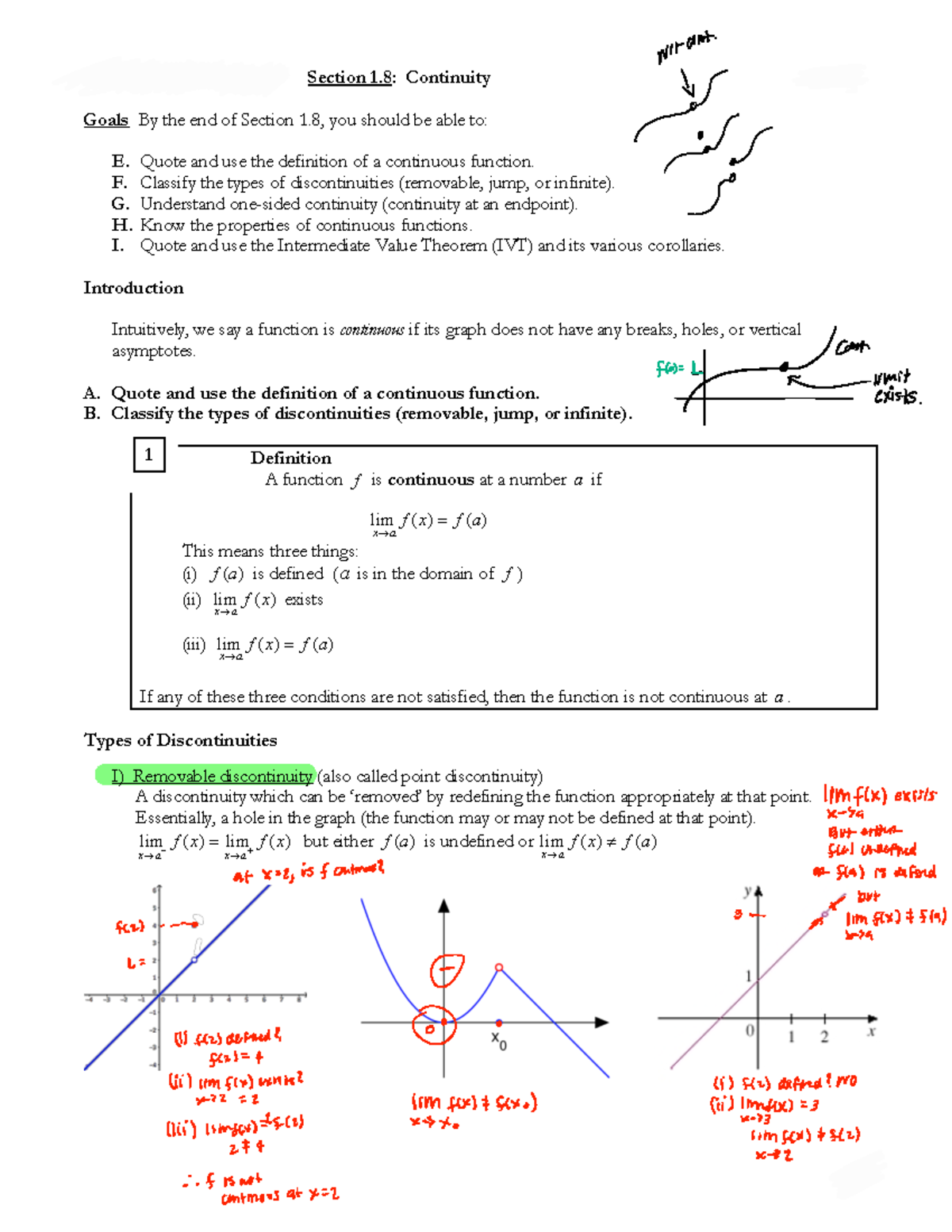 Calculus 1 Section 18 Continuity 35 Math 7 Handout Stewart Section 1 Continuity I Lai Goals 