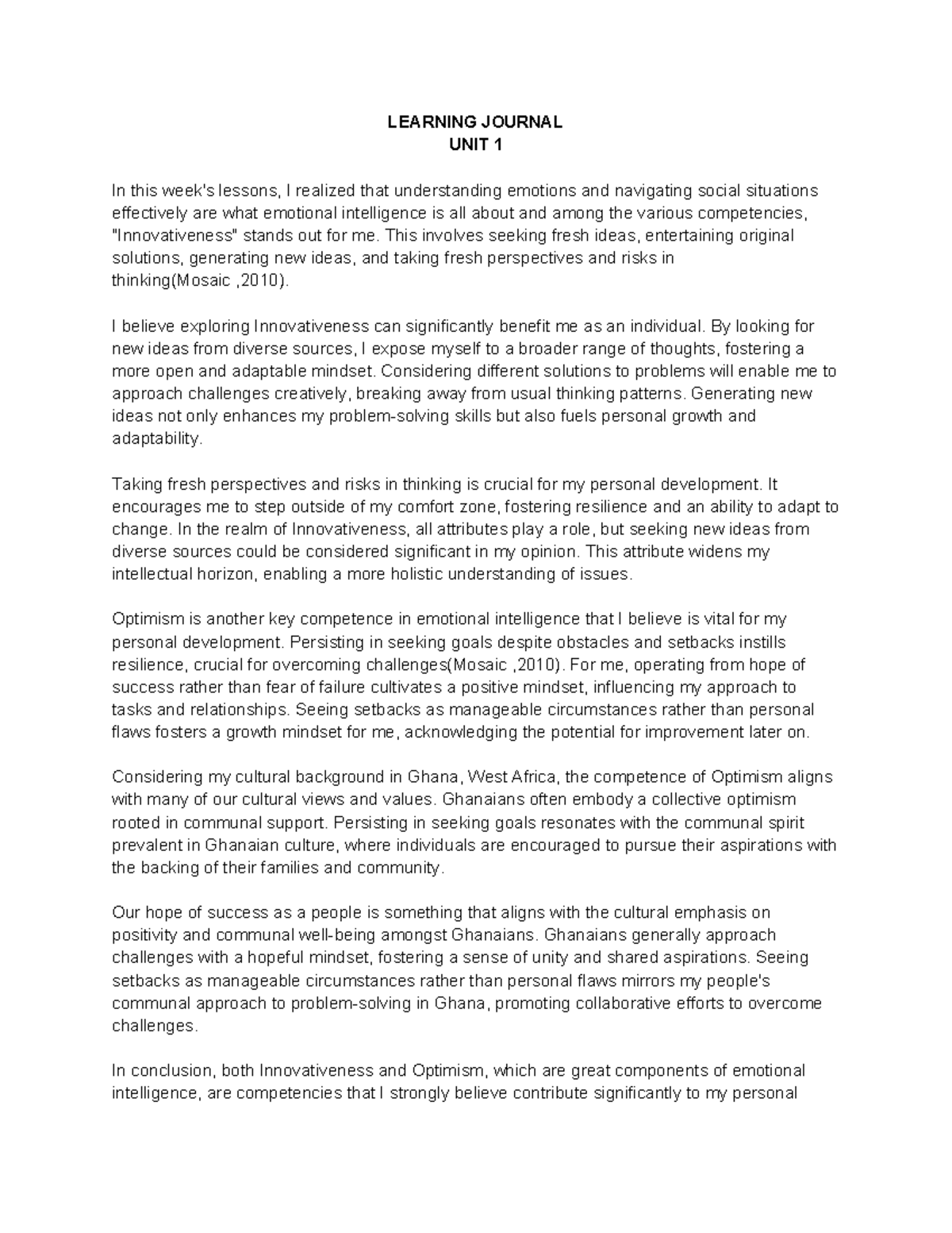 EI LJ1 - Learning journal week 1, unit 1, Emotional intelligence ...