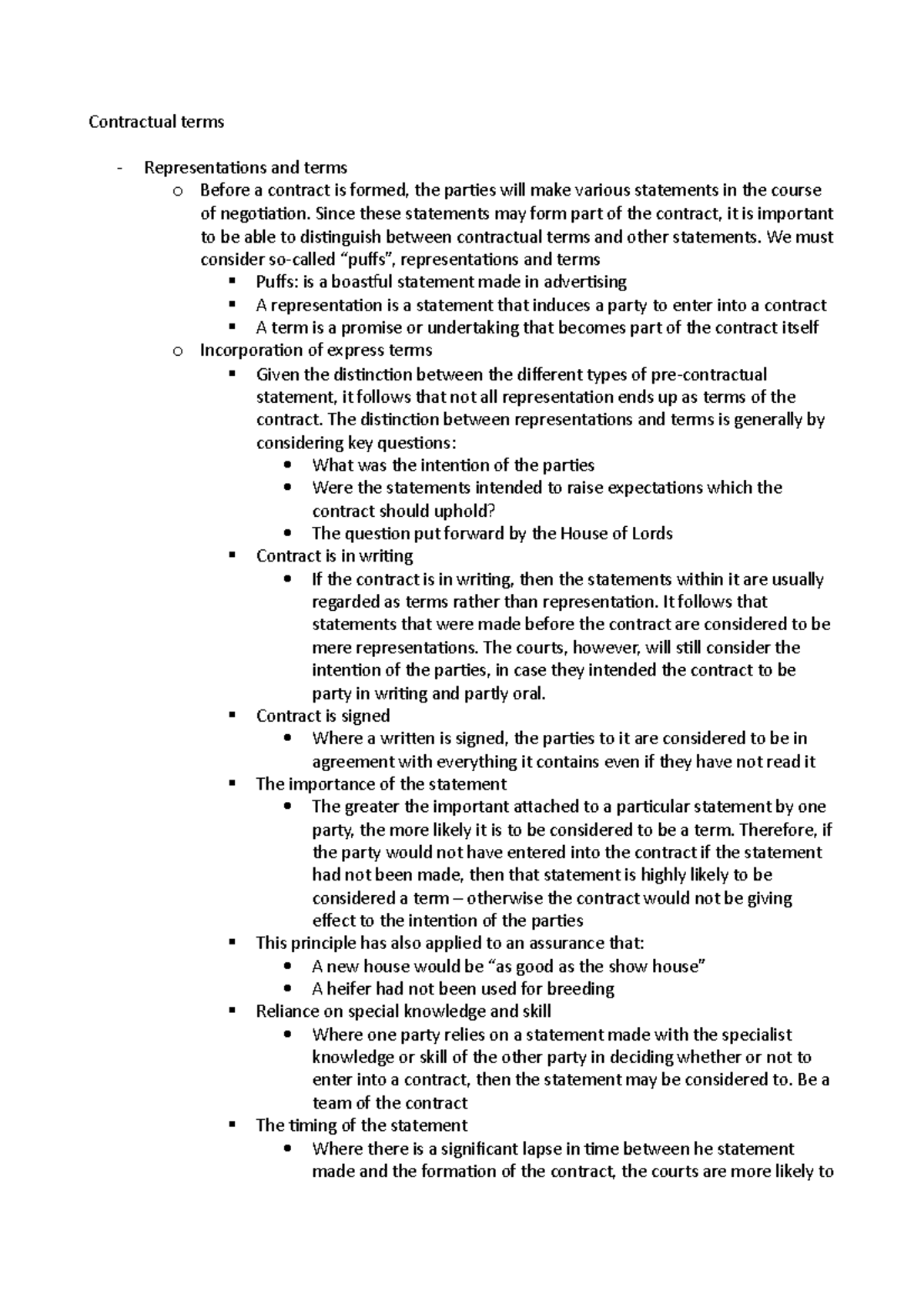 Lecture 4 - Contractual terms - Contractual terms Representations and ...