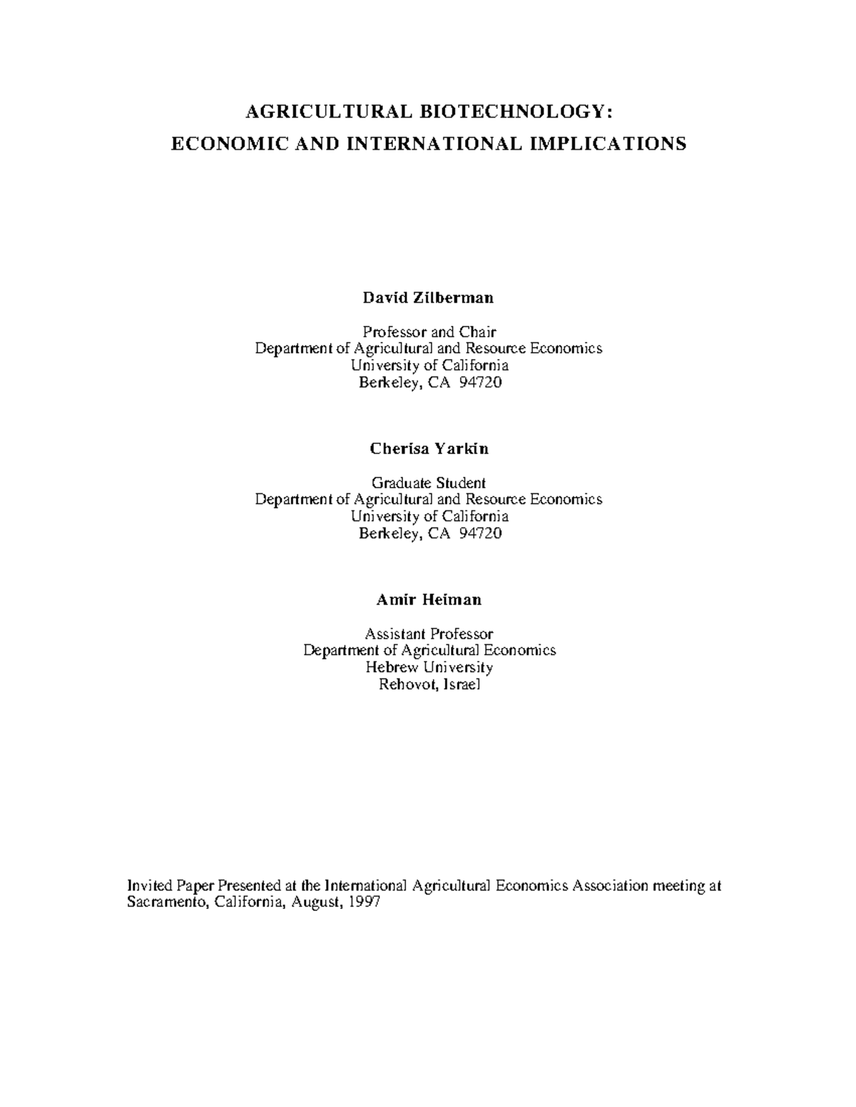 7. Agricultural Biotechnology Economic and International Implications ...