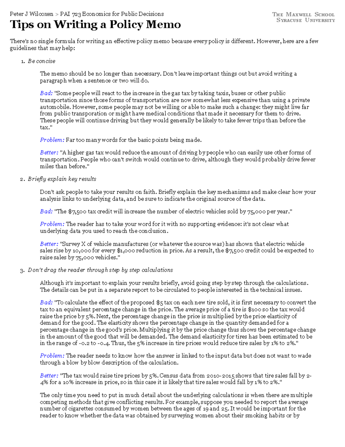 Policy memo writing tips - THE MAXWELL SCHOOL SYRACUSE UNIVERSITY Peter ...