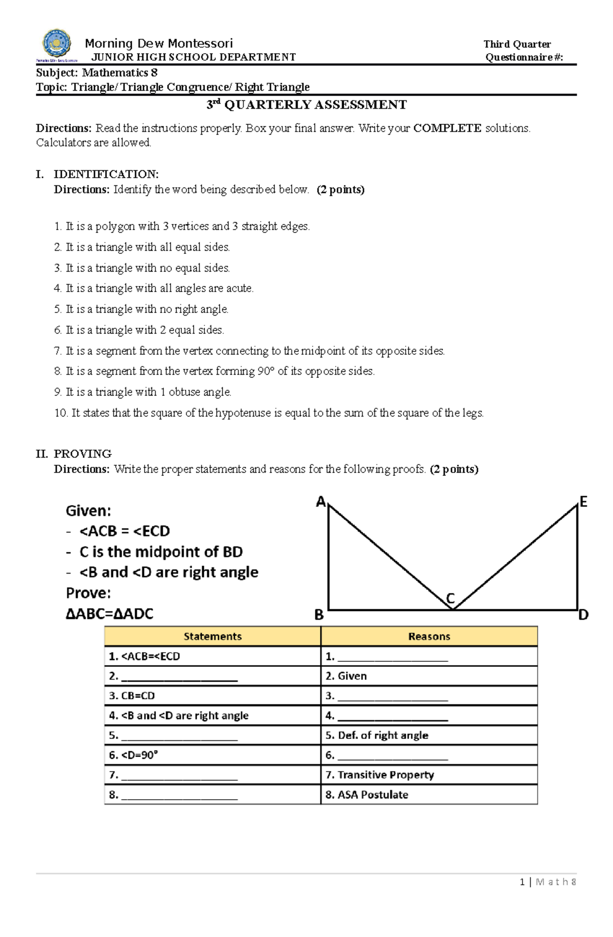 MATH 8 QA 3Q - Grade 8 Math 1st Quarter - Morning Dew Montessori Third ...