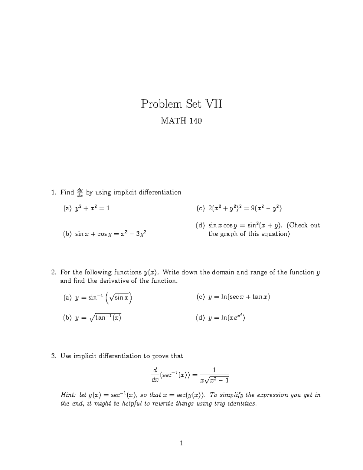 Math 140 Tutorial 7 Problems - Fall 2024 - Problem Set VII MATH 140 ...