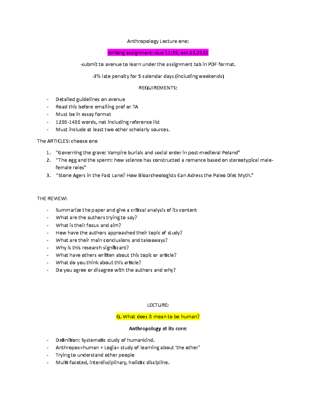 Anthropology-lecture one (sept 12) - Anthropology Lecture one: Writing ...