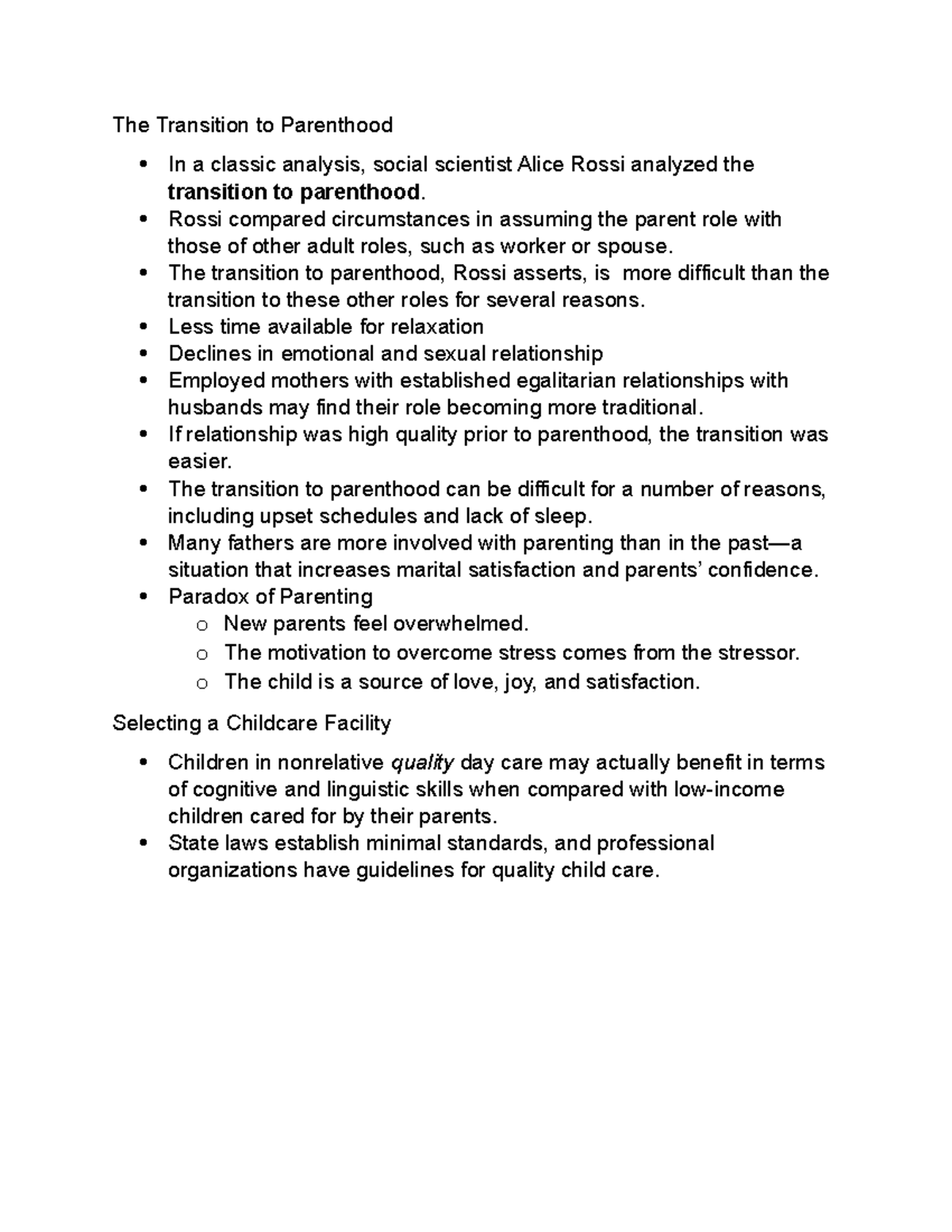 Transitioning to parenthood - The Transition to Parenthood In a classic analysis, social ...