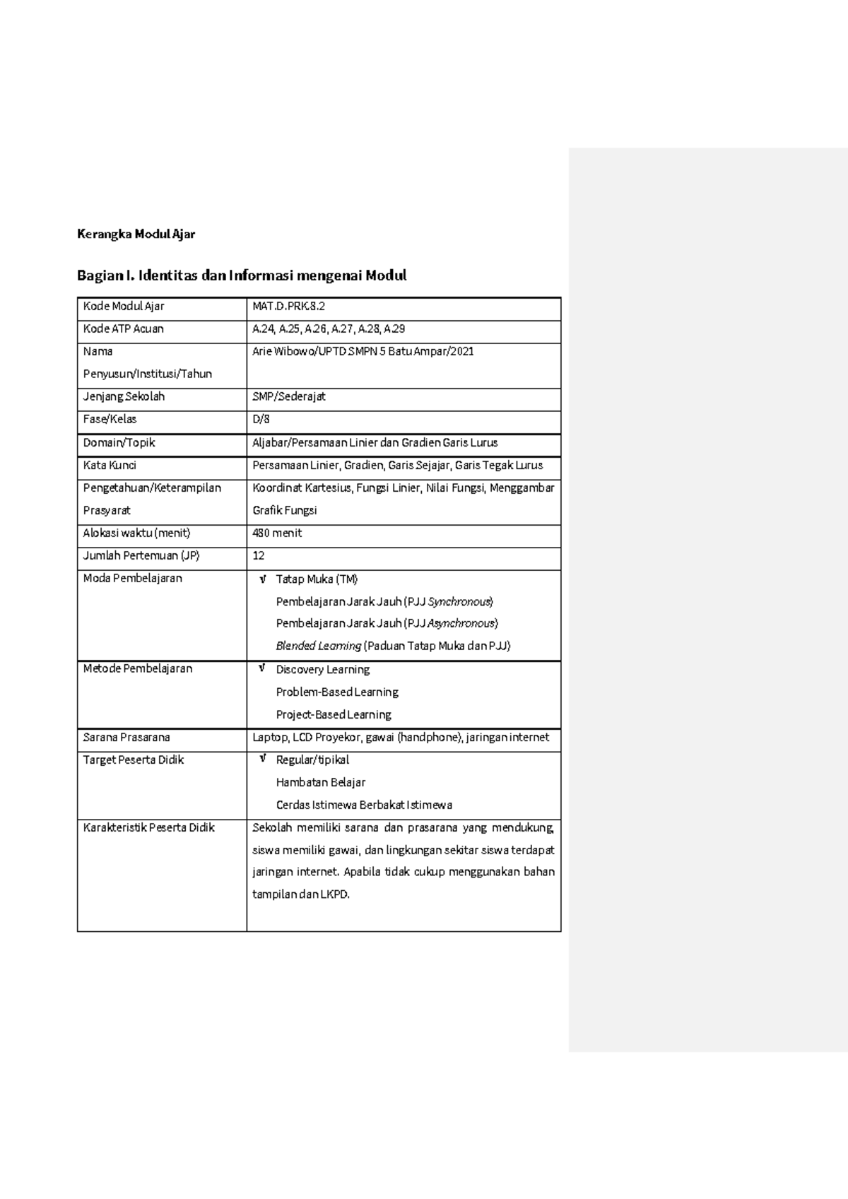 Persamaan Garis Lurus VIII - Kerangka Modul Ajar Bagian I. Identitas ...