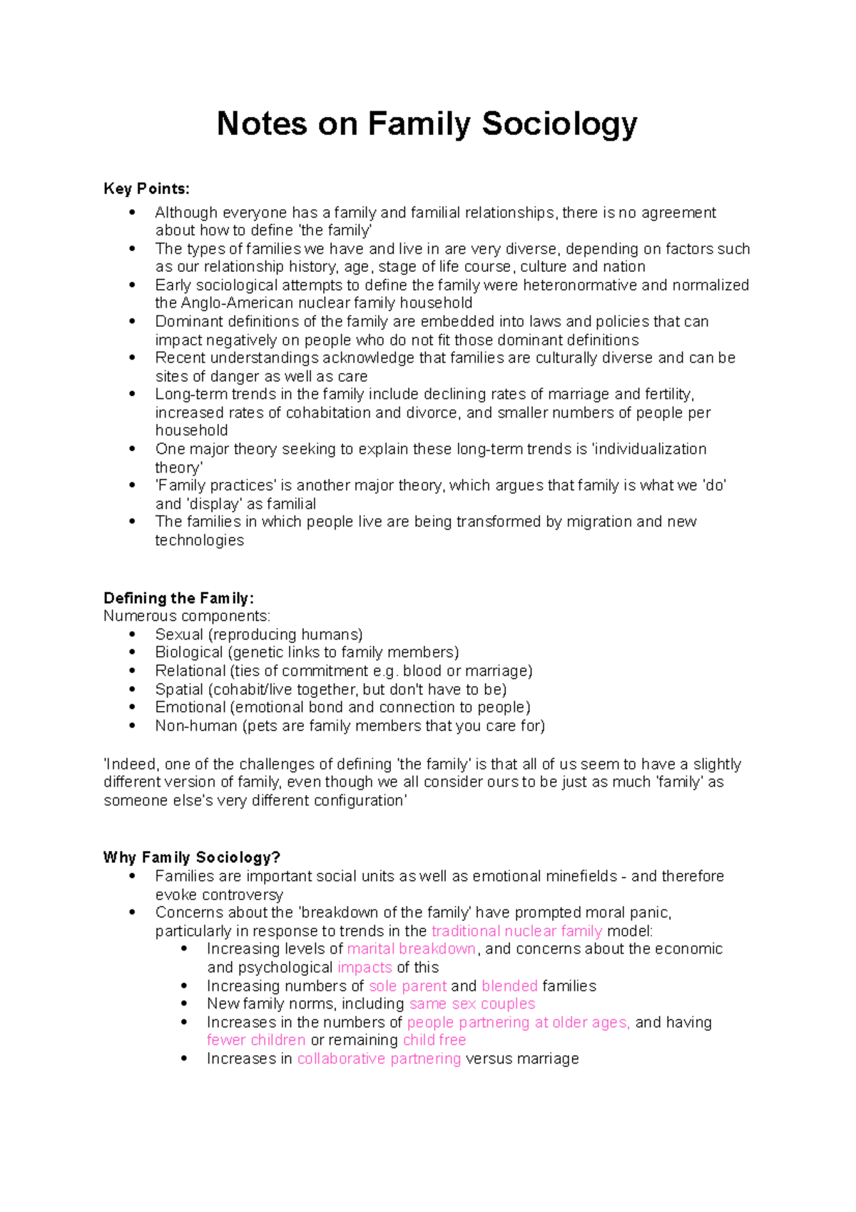 Lecture notes on Family Sociology - Notes on Family Sociology Key ...