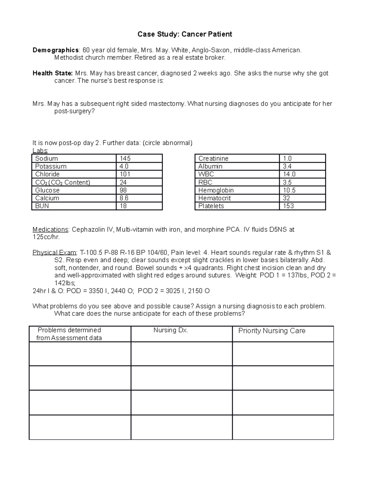 Cancer Lecture Case Study Handout Sp20 - Case Study: Cancer Patient ...