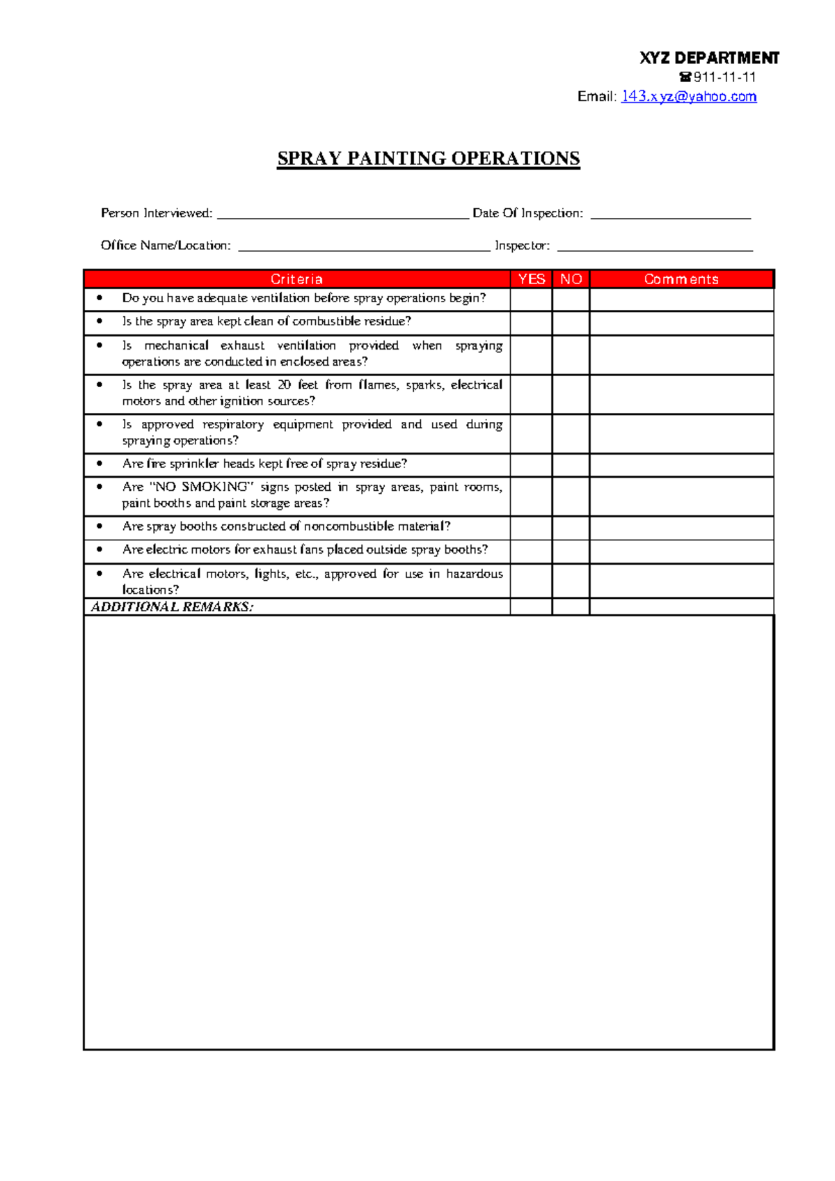Spray Painting Operations Checklist - XYZ DEPARTMENT 911-11- Email: 143 ...